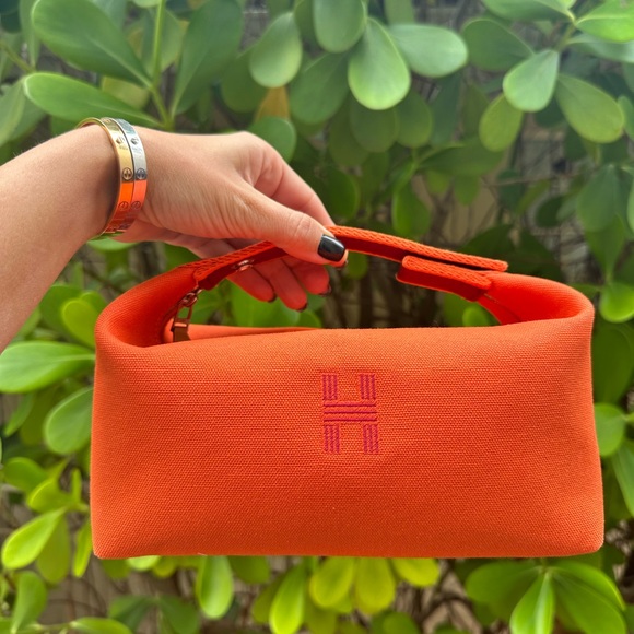 Hermes | Bags | Hermes Brideabrac Case Pm Canvas Orange Burgundy Strap Pouch Small Model | Poshmark